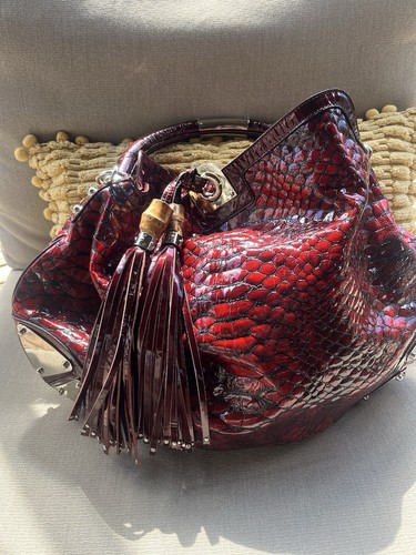 Auth Gucci Genuine Snakeskin Bamboo Leather Shoulder Bag Red 7C140540m ...