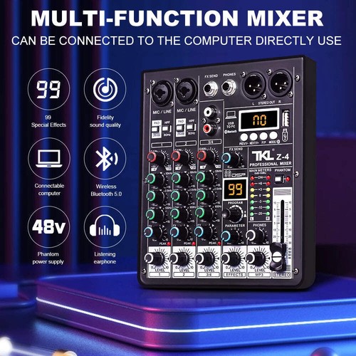 TKL 4CH DSP Audio Mixer 48V Phantom Power USB DJ Console Bluetooth ...