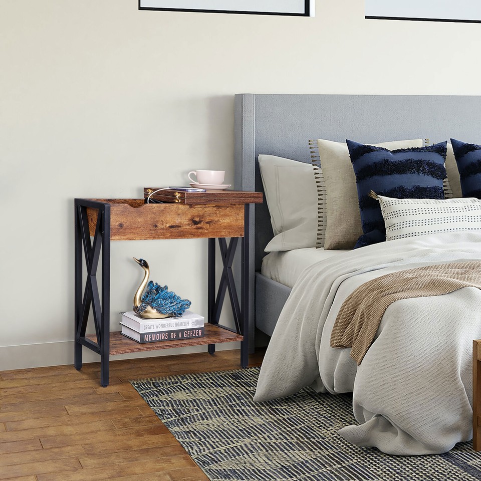 24" Sturdy End Table Flip-Open Top w/ Charger Drawer Console Hallway ...