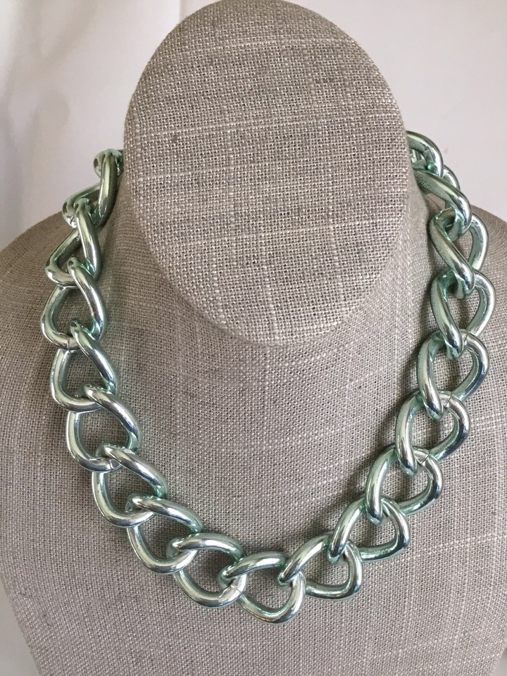 Zara Large Link Chain Necklace Green Blue Silver Tint 17” EUC | eBay