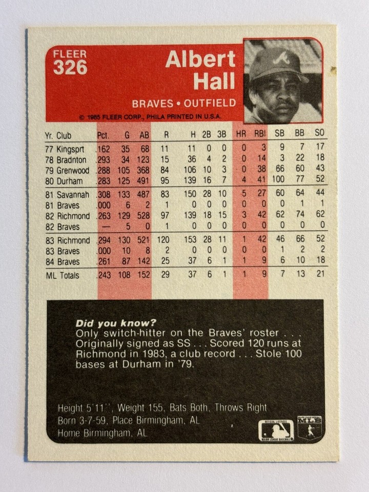ALBERT HALL ATLANTA BRAVES 1985 FLEER #326 AUTOGRAPHED BASEBALL CARD | eBay