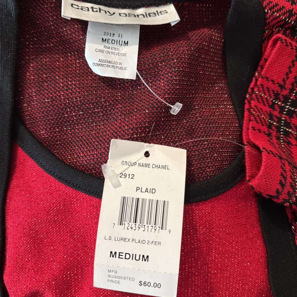 Cathy Daniels Sweater Pullover Size Medium Red Black Gold Shimmer Plaid ...