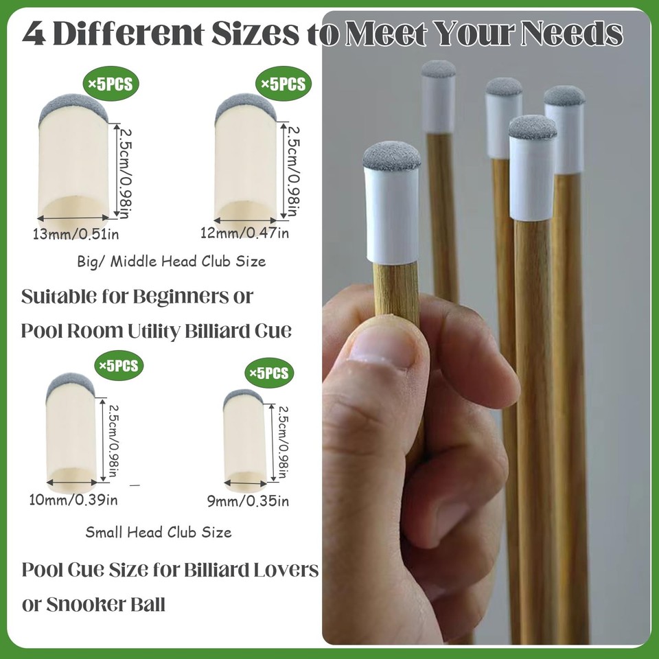 20pcs Slip On Pool Cue Tips 4 Sizes 9–13mm Billiard Cue Repair Kit | eBay