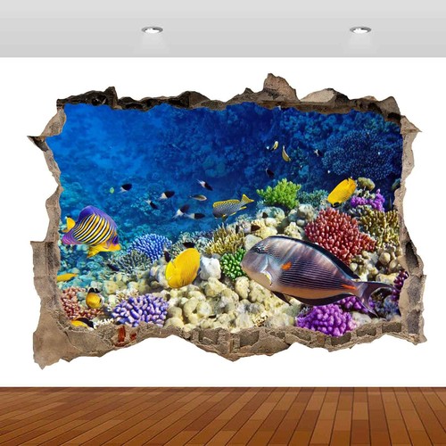 Under Water Fish Aquarium Sea 3D Smashed Wall Sticker Poster Vinyl ...