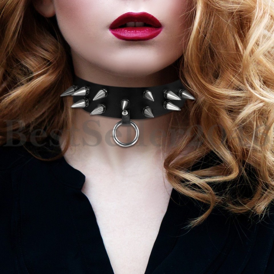 Punk Gothic Wide Leather Belt Snap Choker 2 Layer Spike Stud Collar ...