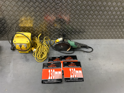 Hitachi 110v 230mm disc cutter complete with transforma ext. cable and ...