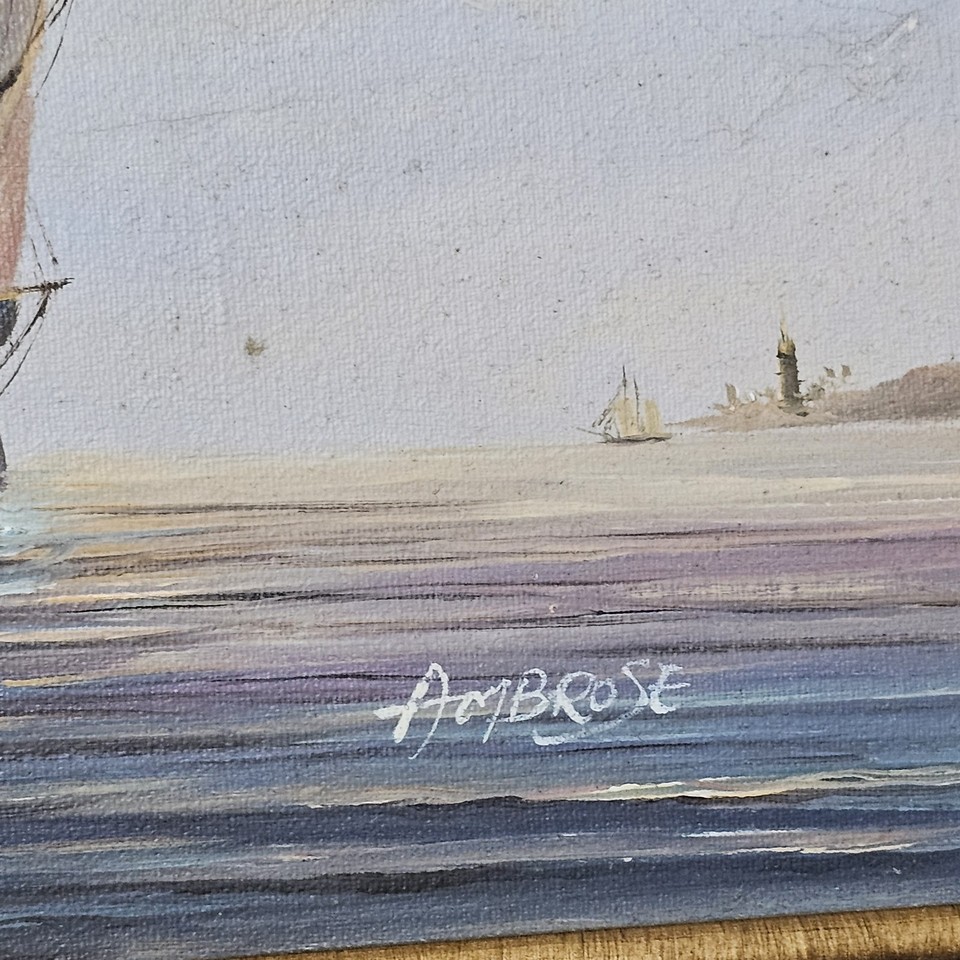 War Ship Oil Painting Signed By John Ambrose Canvas 12 X 16 Nautical ...