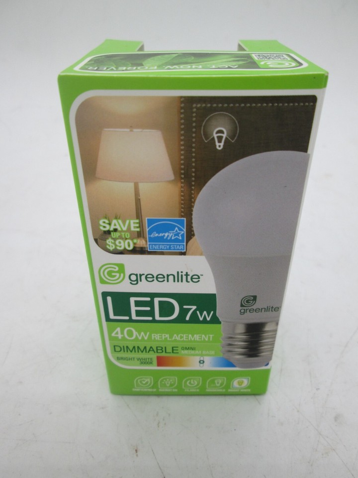 8Pk Bright White - Greenlite 7W LED Standard Base Bulbs - Round Tip ...