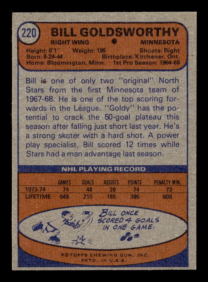 Bill Goldsworthy 1974-75 Topps #220 Minnesota North Stars Ex-Mt | eBay