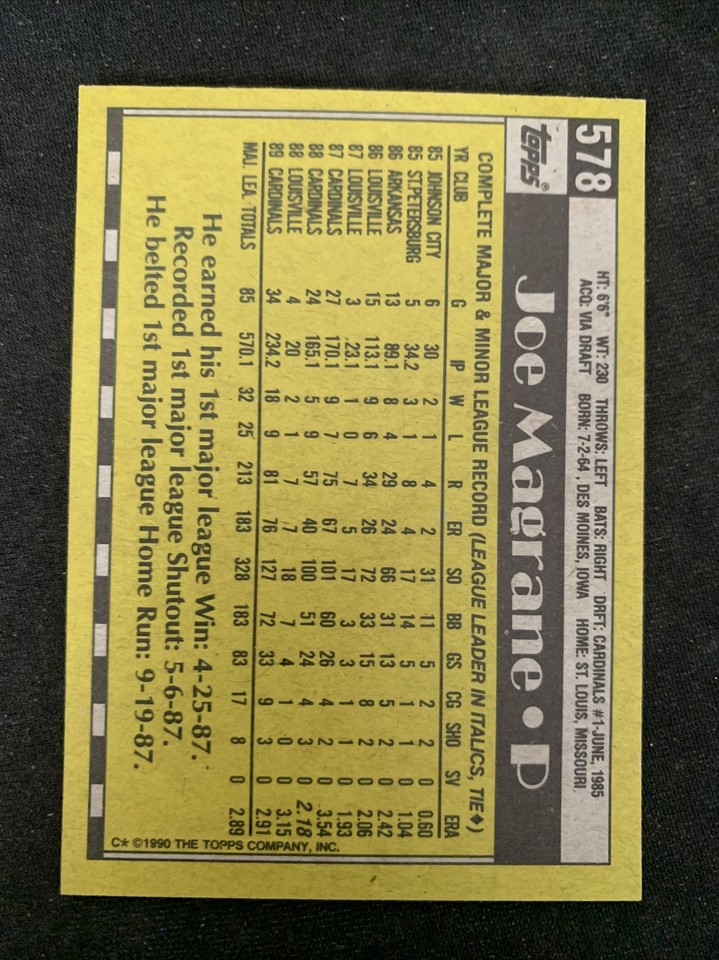 1990 Topps Baseball Card #578 Joe Magrane St. Louis Cardinals NmMt Free ...