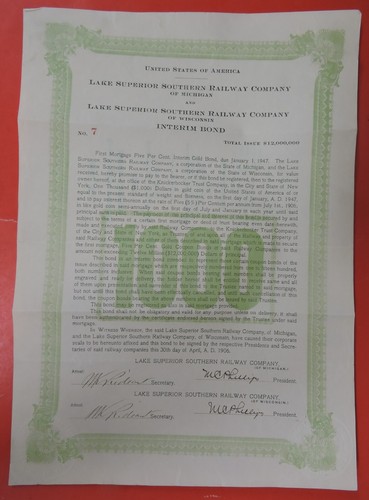 1906 LAKE SUPERIOR SOUTHERN RAILWAY MORTGAGE INTERIM BOND CERTIFICATE ...