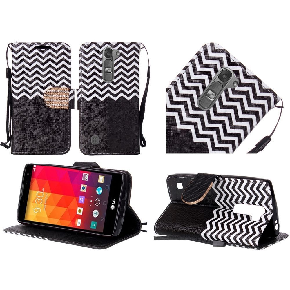 For LG Volt 2 Magna PU Leather Bling Credit Card Design Wallet - Black ...