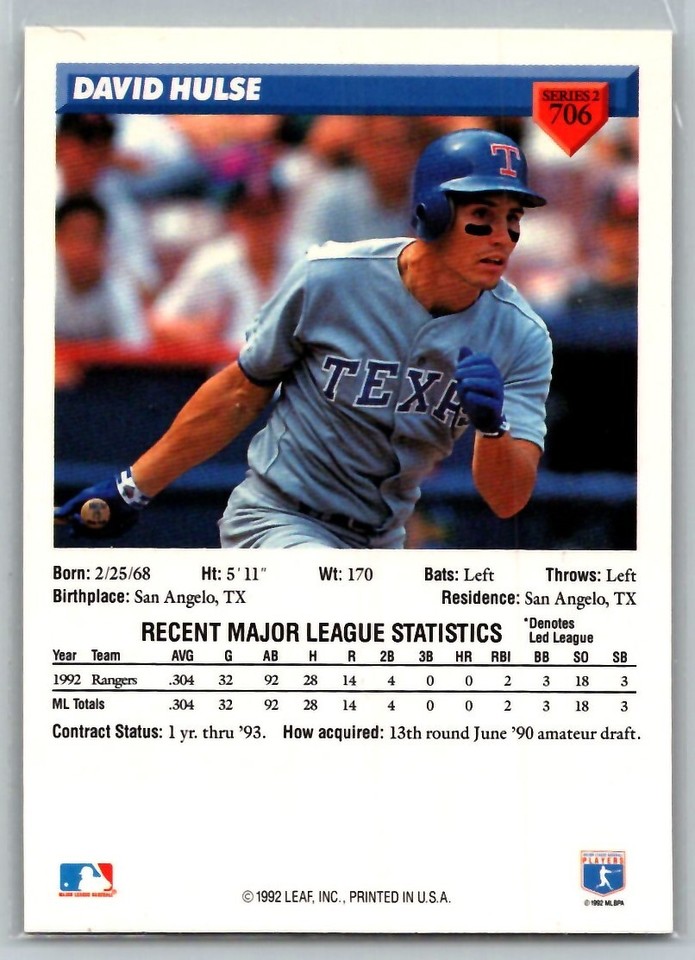 1993 DONRUSS DAVID HULSE RC TEXAS RANGERS #706 | eBay