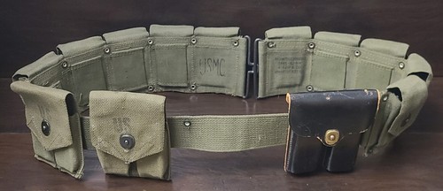 USMC Marked 1950's Era M1 Garand Cartridge Belt w/ Three 1911 Dual Mag ...
