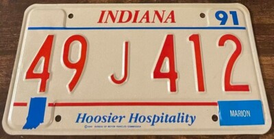 1991 Indiana License Plate 49 J 412 Marion County Hoosier Hospitality ...