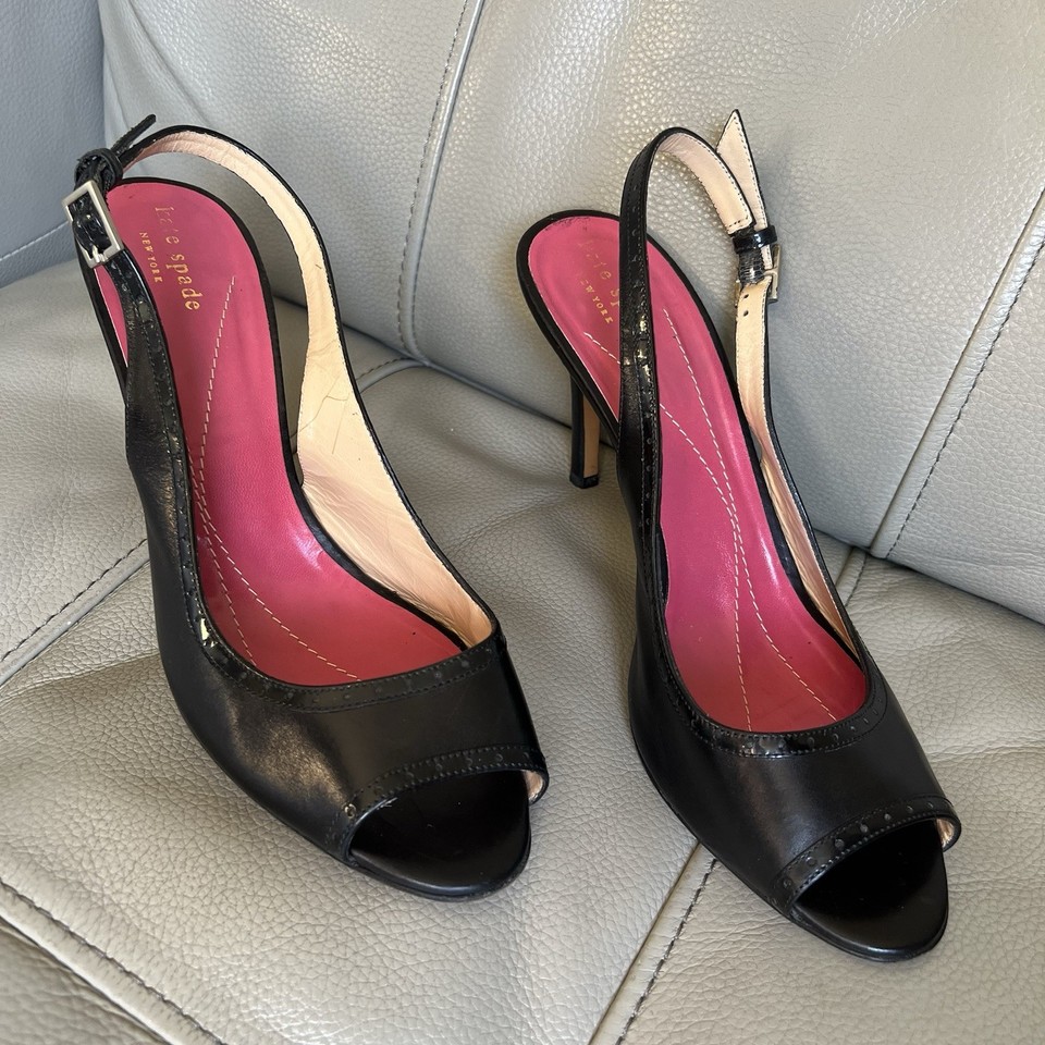 Kate Spade Classic Italian Leather Sling Back Heels Sz 9 B Sandals Peep ...
