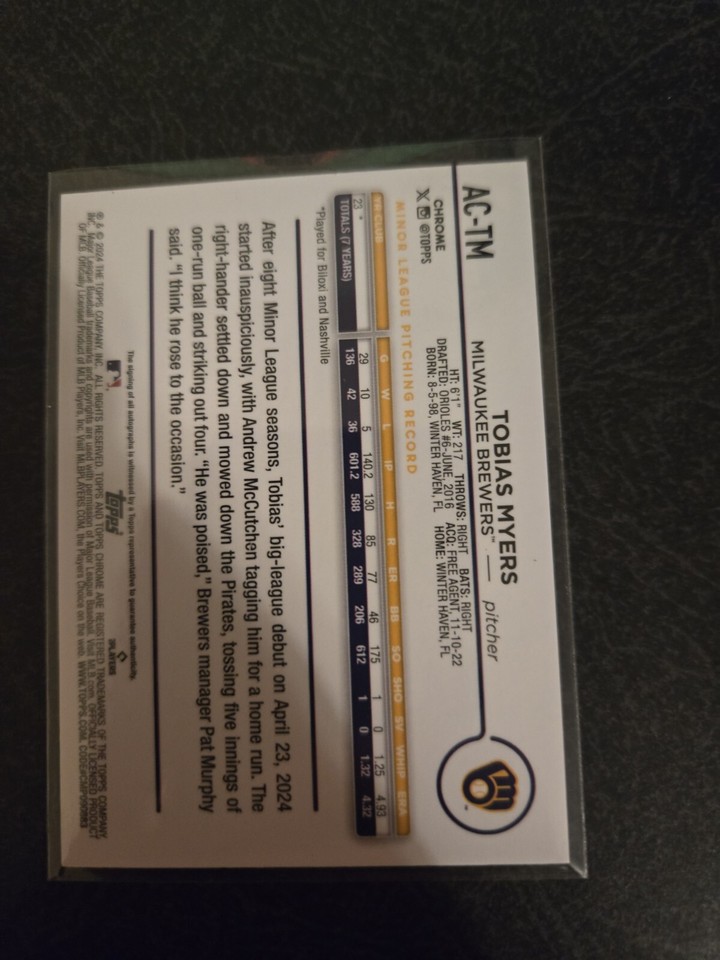 2024 Topps Chrome Update Autograph Purple Tobias Myers RC Auto 064/250 #AC-TM | eBay