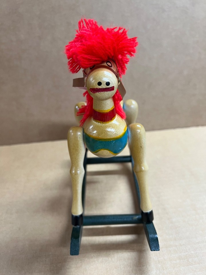 Vintage Decorative Wooden Rocking Horse With Red Yarn Mane & Tail ...