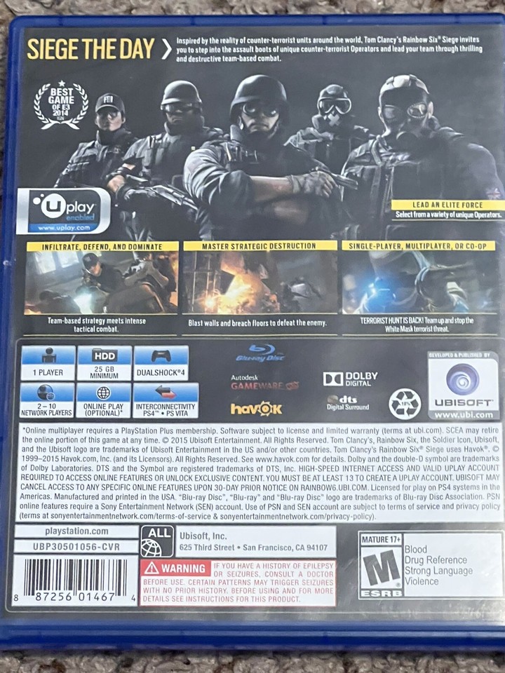 Tom Clancy's Rainbow Six Siege (PlayStation 4, 2015) 887256014674| eBay