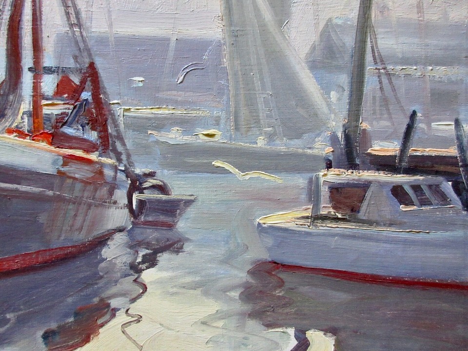 Russ Webster (1904-1984) Large Vintage Gloucester, MA Harbor Scene Oil ...