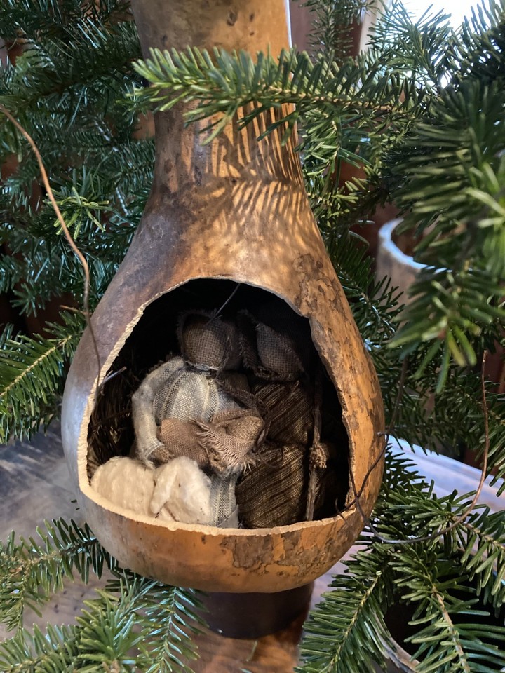Primitive Christmas Nativity Gourd Ornament Mary Joseph Baby Jesus ...