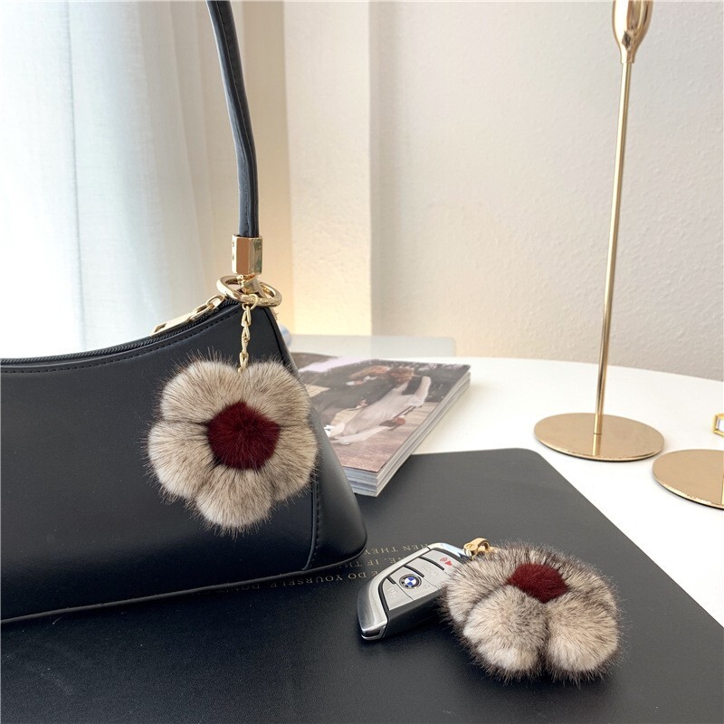 Cute Real Mink Fur Flower Keyring Pompom Ball Bag Charm Car ladies ...