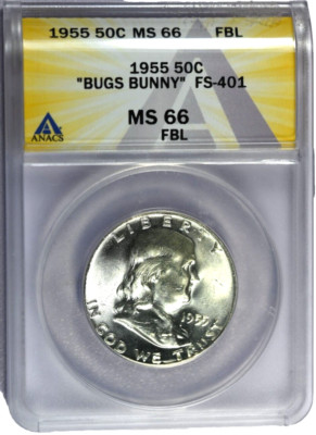 1955 ANACS MS66FBL "Bugs Bunny" FS-401 Franklin Half Dollar-Price Guide ...