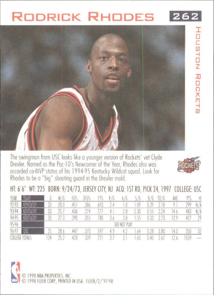 1997-98 Fleer Houston Rockets Basketball Card #262 Rodrick Rhodes ...
