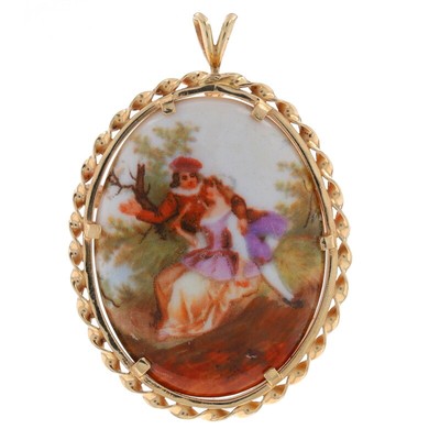Or Jaune Peint Porcelaine Broche / Pendentif - 14k Pastoral Romantique ...