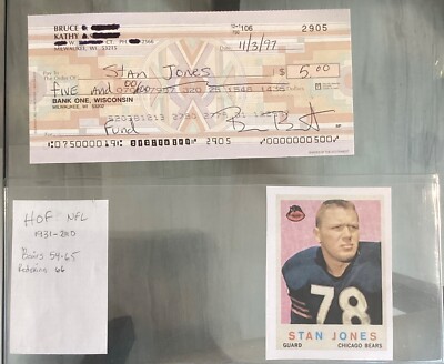 1997 NFL HALL OF FAME STAN JONES SIGNED CHECK AUTOGRAPH CHICAGO BEARS ...