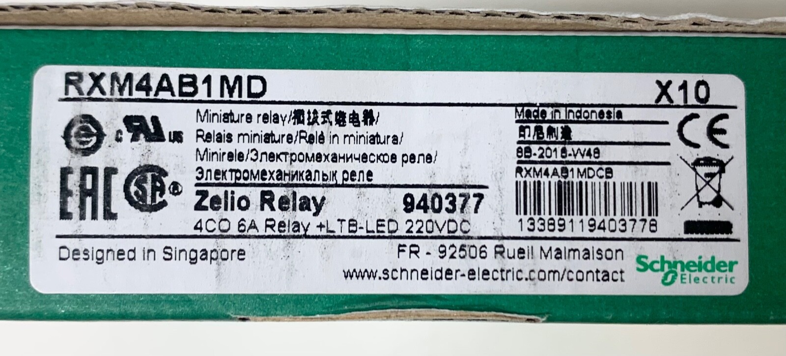 1 Box of 10 SCHNEIDER ELETRIC RXM4AB1MD ZELIO Miniature Relay 220 VDC ...