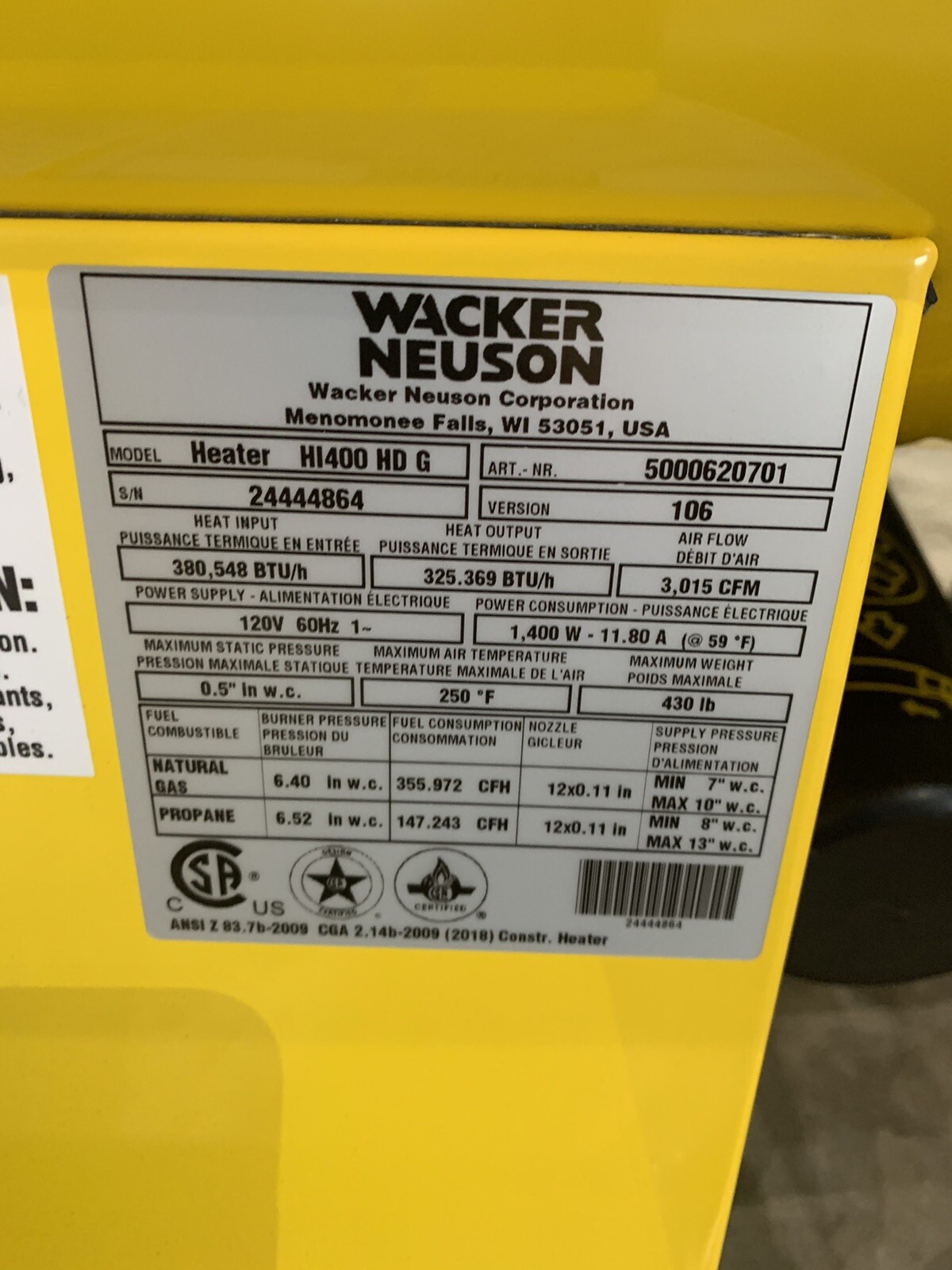 Wacker HI 400 HD Natural Gas Heater New Free Shipping 380000 BTU Wacker ...