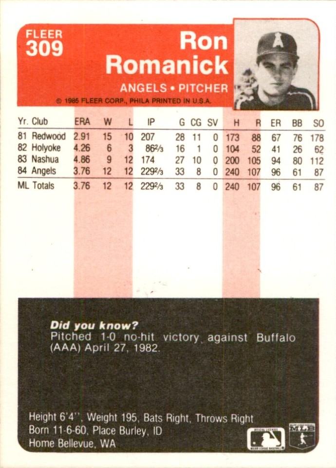 1985 Fleer Ron Romanick Rookie . California Angels #309 | eBay