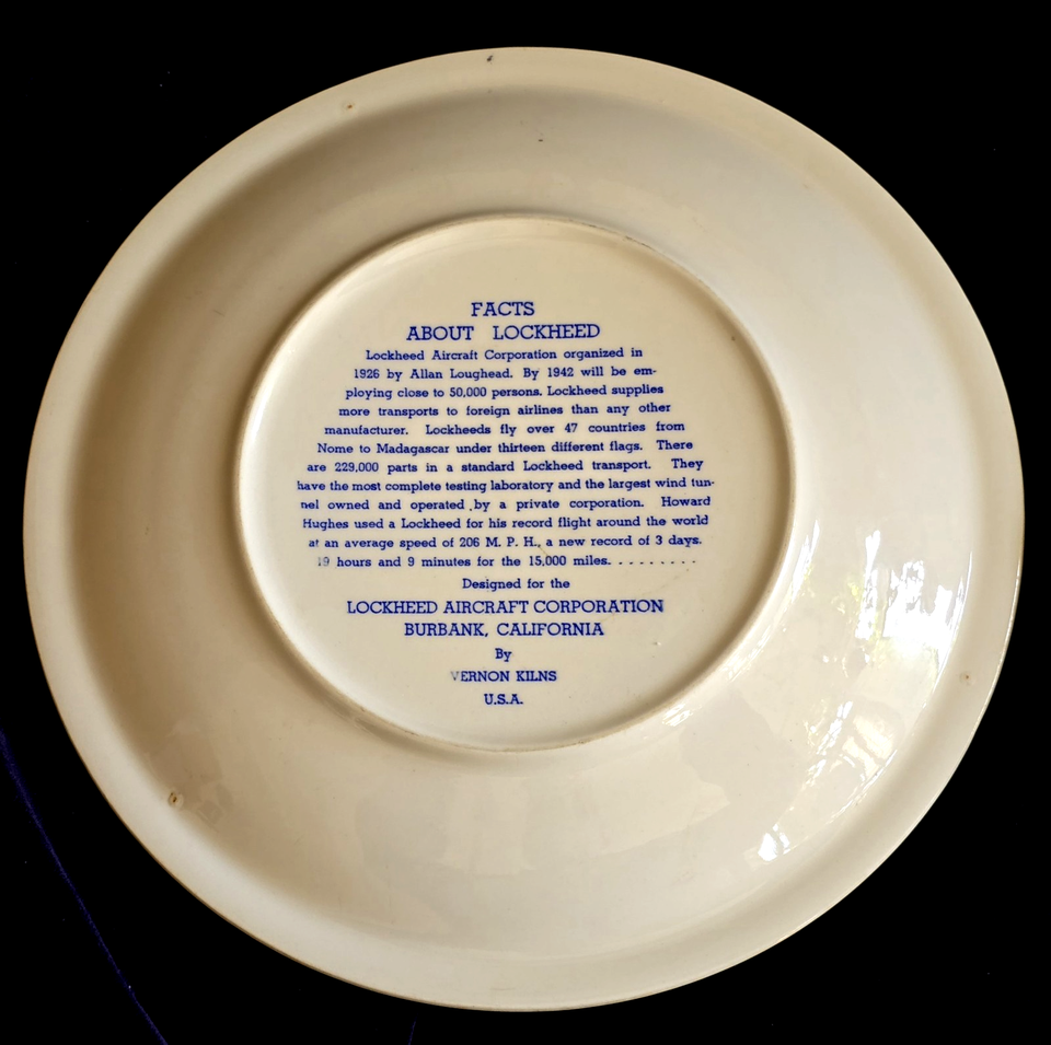 Early 1940s Vernon Kilns Pottery Large Plate Lockheed Aircraft WW2 ...