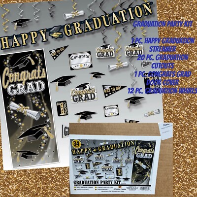 Graduation Party Kit Black Silver & Gold Grad Party Decoration Set New ...