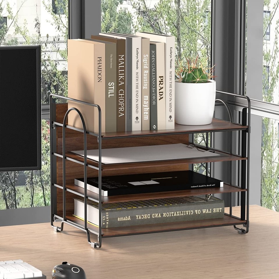4 Tier Paper Organizer for Desk - Wood Desk Organizer, Metal Paper Tray ...