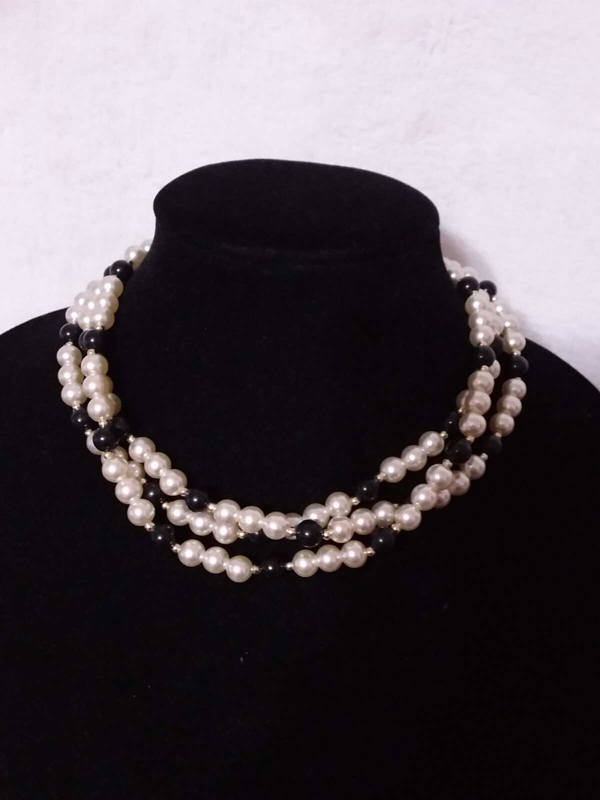 Vintage Multi Strand Black Off White Faux Pearls Bead Chocker Necklace ...