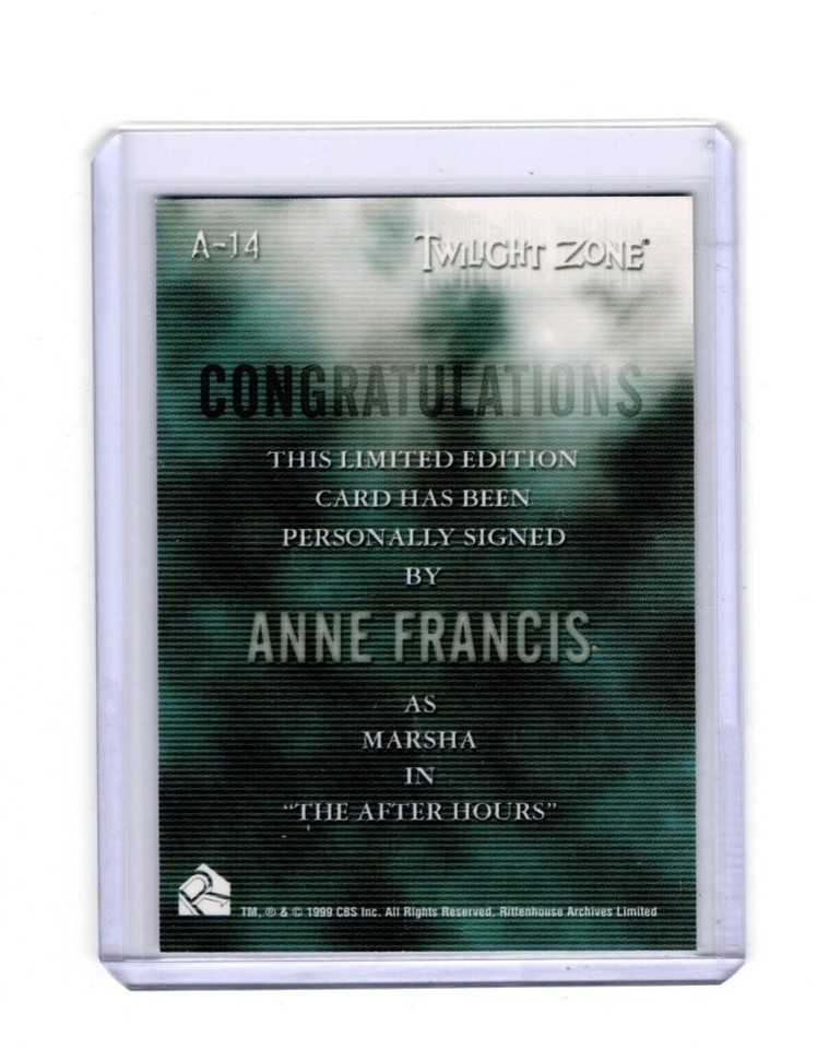 1999 RITTENHOUSE TWILIGHT ZONE ANNE FRANCIS AUTO A-14 AUTOGRAPH 1930 ...