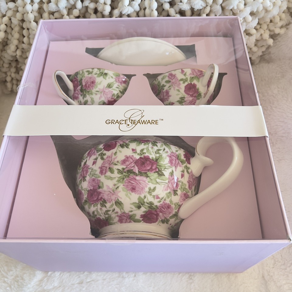 Grace Teaware Fine Porcelain 5 Piece Tea Set Red Pink Roses Gold Trim ...