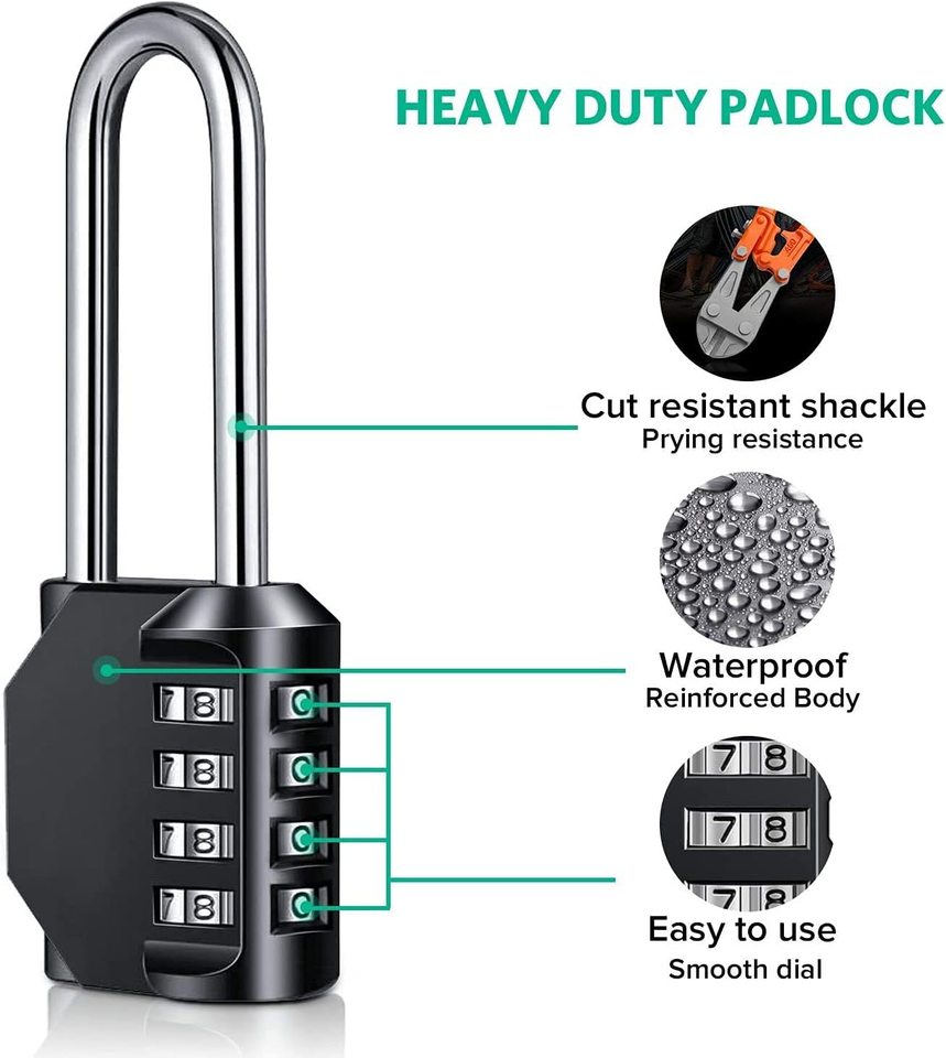 5 Inch Ultra Long Resettable Combination Padlock, 4 Digit Set Your Own ...