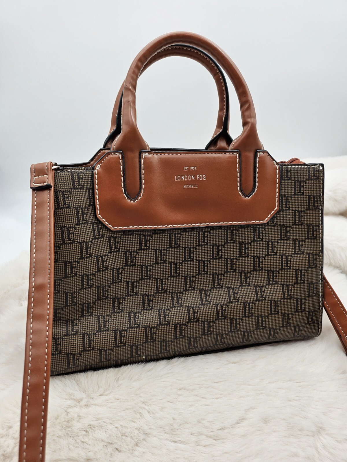 London Fog brown monogram LF pattern detachable crossbody top handle ...