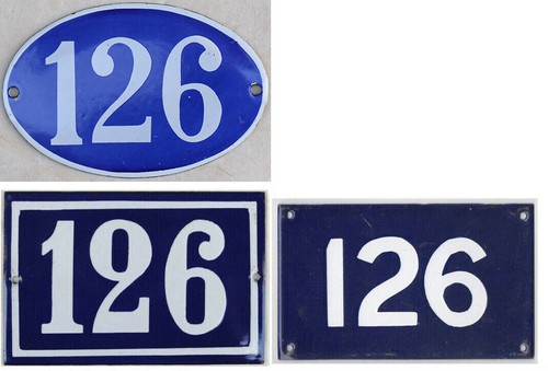 Old blue French house number 126 door gate wall plate steel enamel sign ...