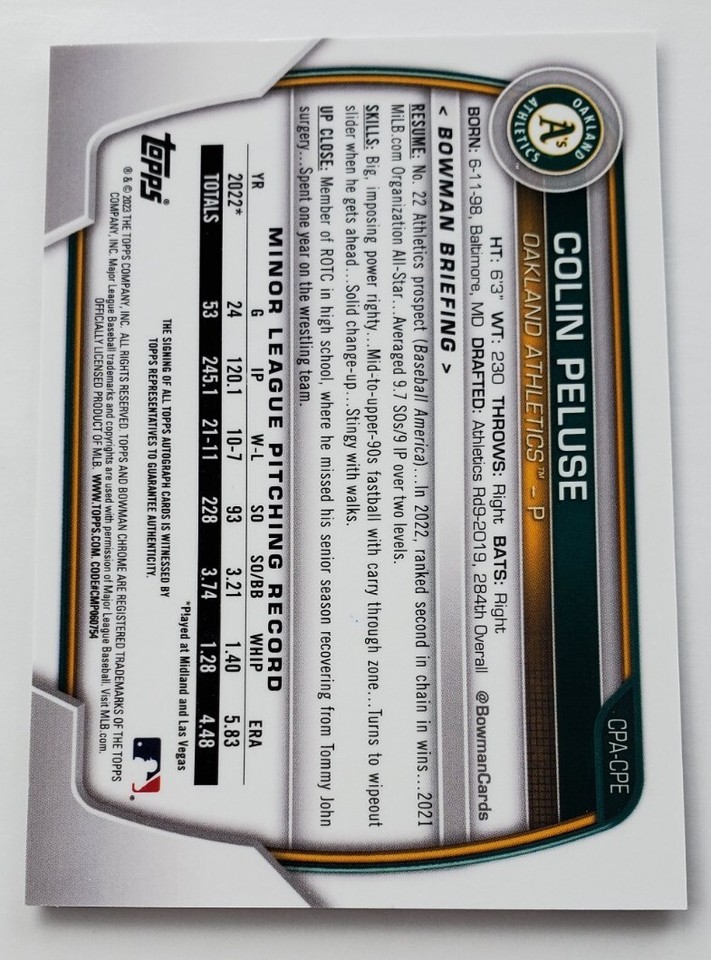 2023 Bowman Chrome Colin Peluse Oakland Athletics Autograph CPA-CPE | eBay