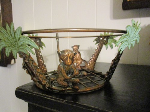 Bronze tone & Green top Palm Trees & monkeys Fruit Basket Bowl 9.5x4 ...