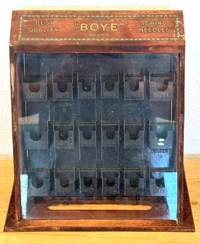 ANTIQUE BOYE SEWING NEEDLES STORE DISPLAY ADVERTISING CABINET CASE ALL ...
