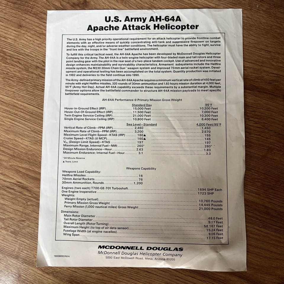 U.S. Army AH-64A Apache Attack Helicopter McDonnell Douglas Spec Sheet ...