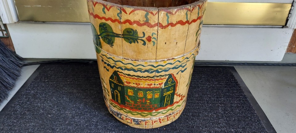 1800's Primitive Wood Amish Scene 13" FIRKIN Bucket OLD MILK PAINT Pa ...