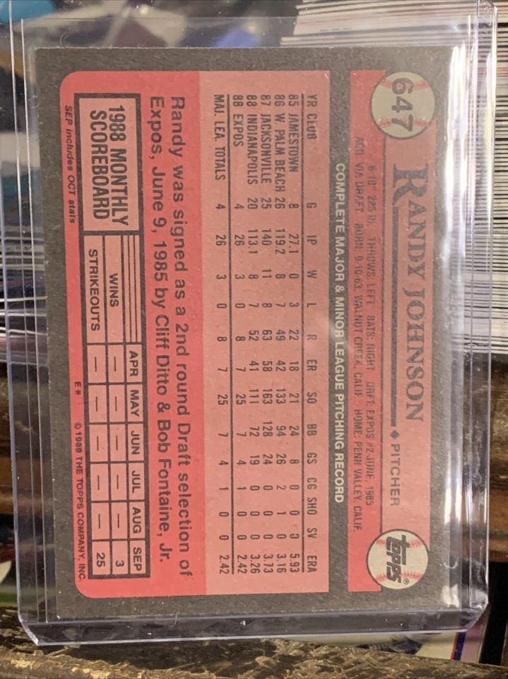 1989 Topps Randy Johnson Rookie Card #647 RC HOF Expos Mariners ...