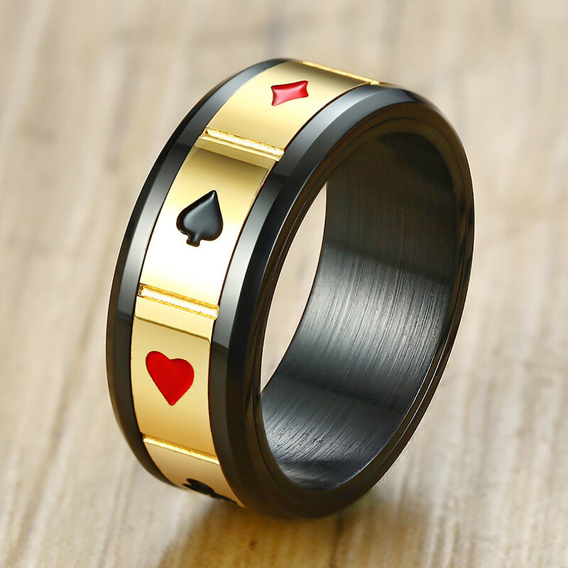 Men Women Poker Pattern Spinner Lucky Ring Stainless Steel Ring Black ...