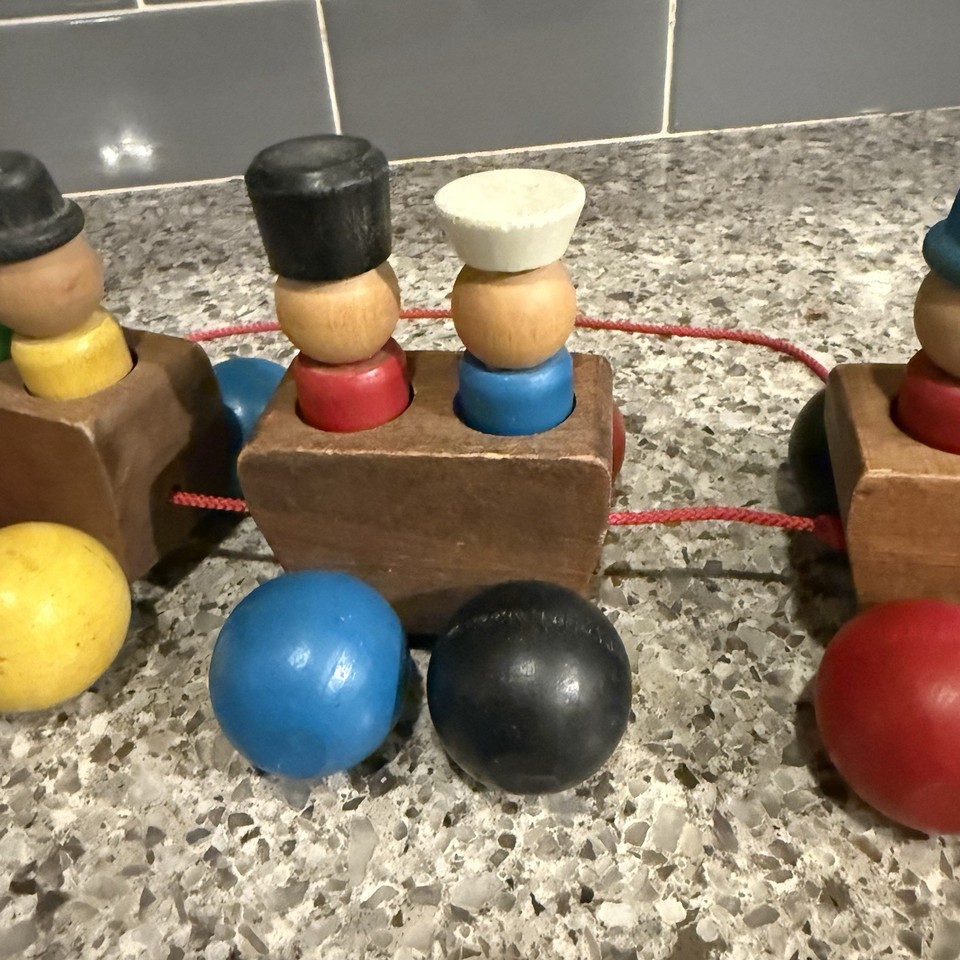 Vintage Montgomery School House Pull Wooden Train With Peg People | eBay